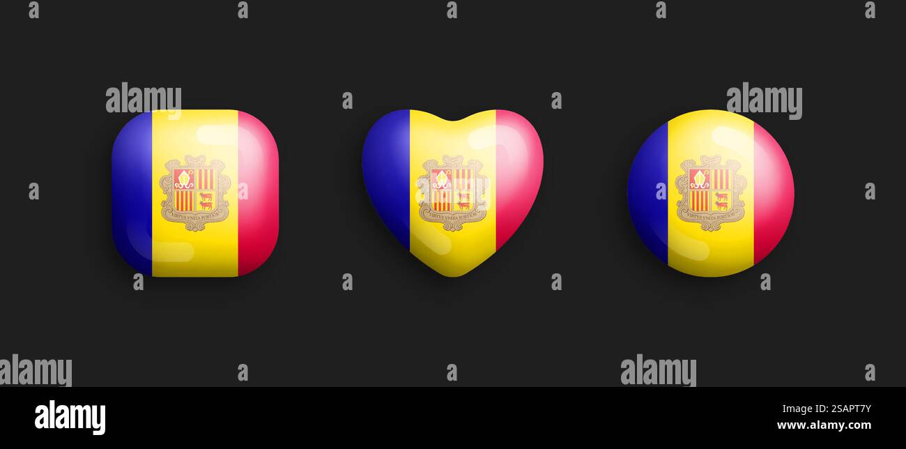 Andorra Official National Flag 3D Vector Glossy Icons In Rounded Square, Heart And Circle Shape ...