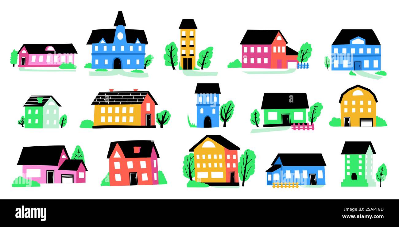 Abstract town buildings. Cute doodle city houses with tiny roofs ...