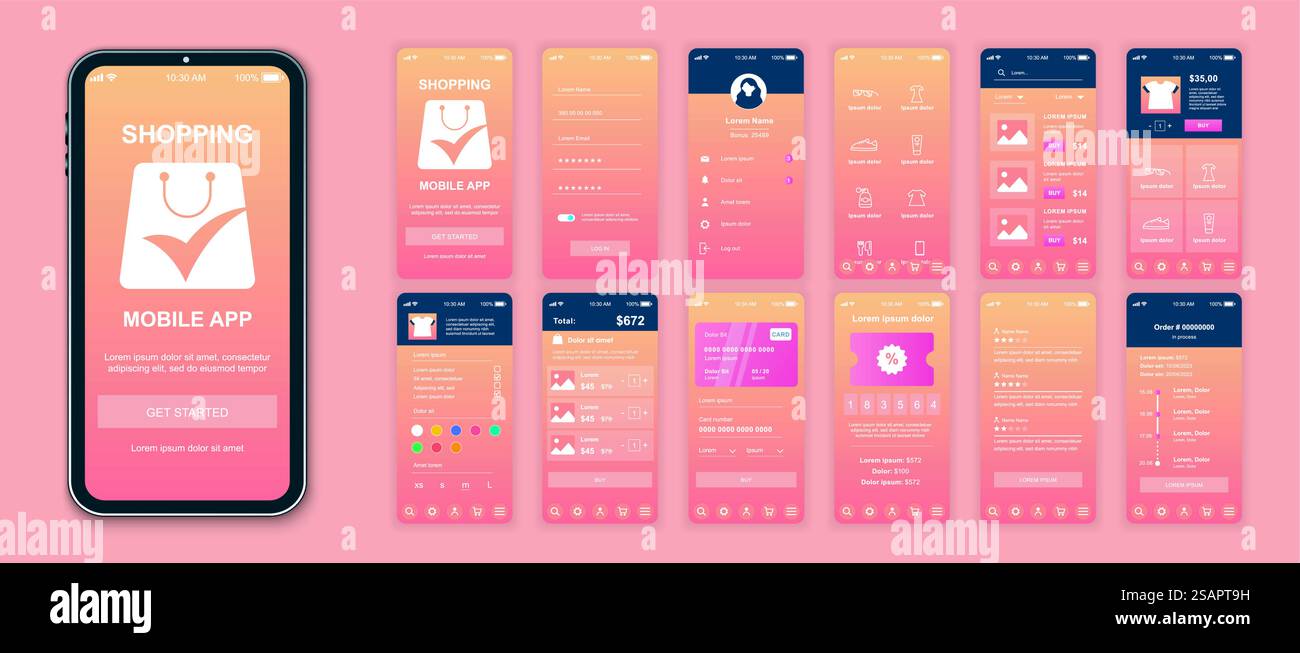 Shopping Mobile App Interface Screens Template Set Online Account Assortment Shop Goods