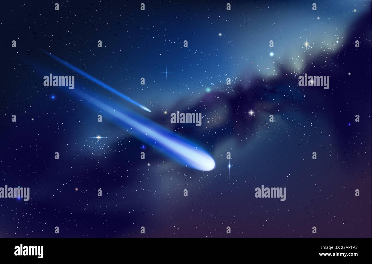Falling star background. Realistic blue starry night sky with shooting ...