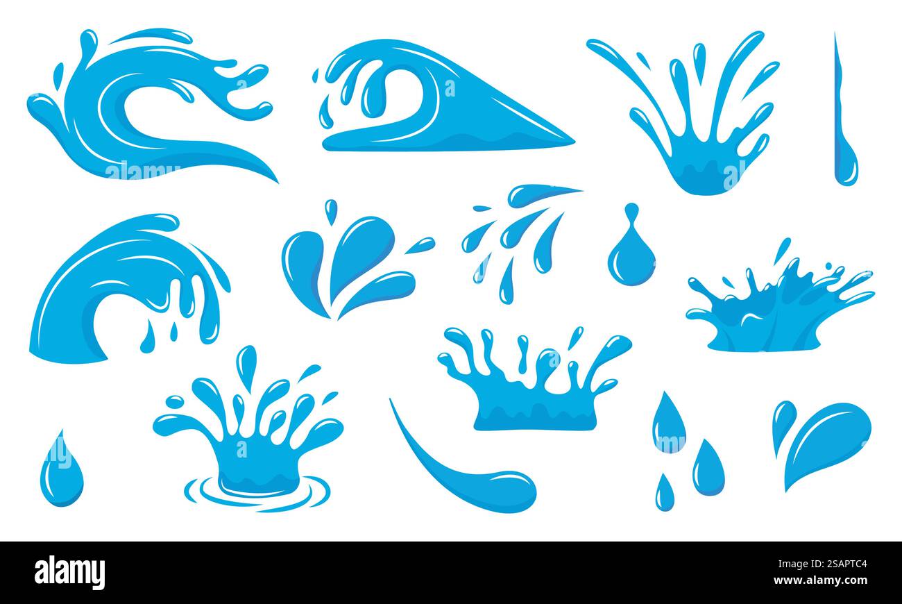 Cartoon water splash. Blue liquid spill. Raindrop and falling dew ...