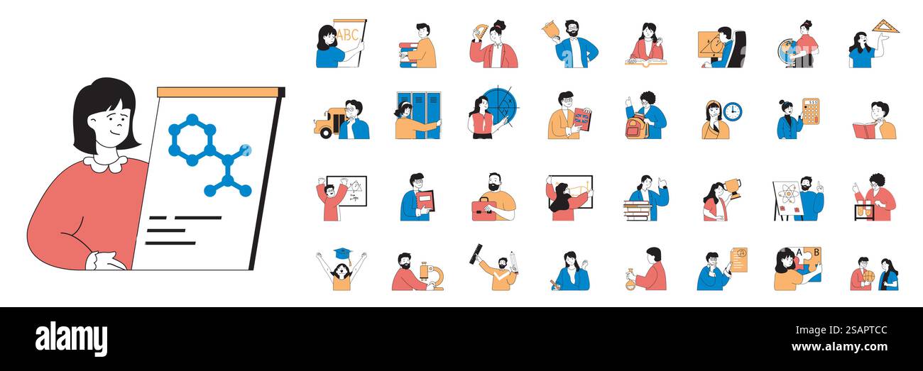 School learning concept with people situations mega set in flat web ...