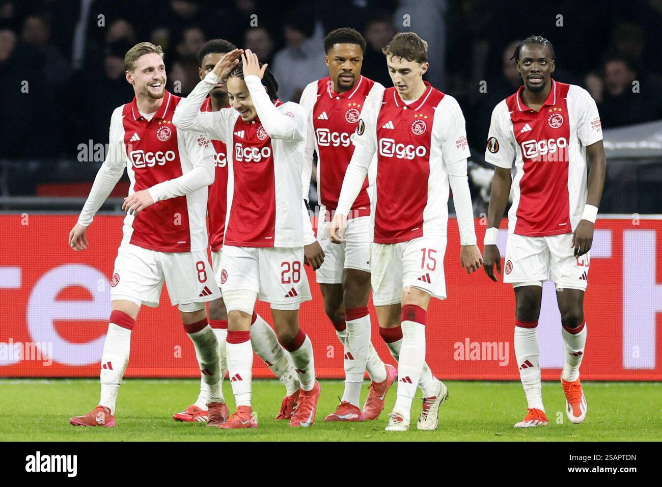 AMSTERDAM - (l-r) Kenneth Taylor of Ajax, Jorrel Hato of Ajax, Kian ...