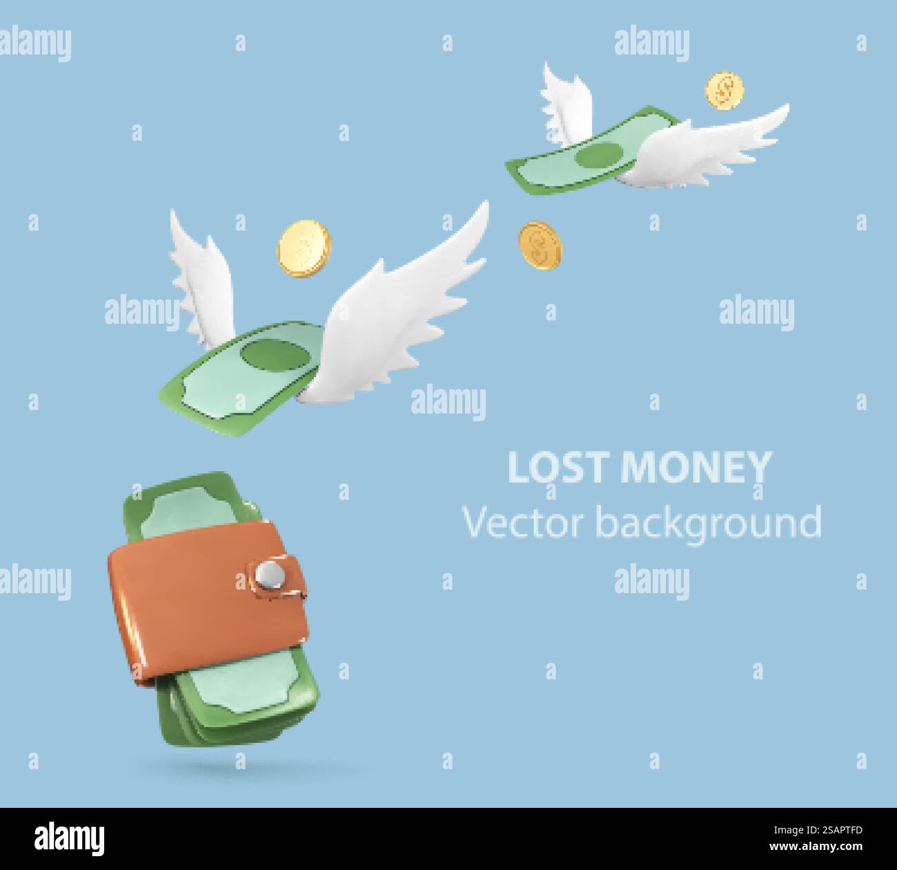 3D money wallet, dollar bills with white wings and gold coins on blue ...