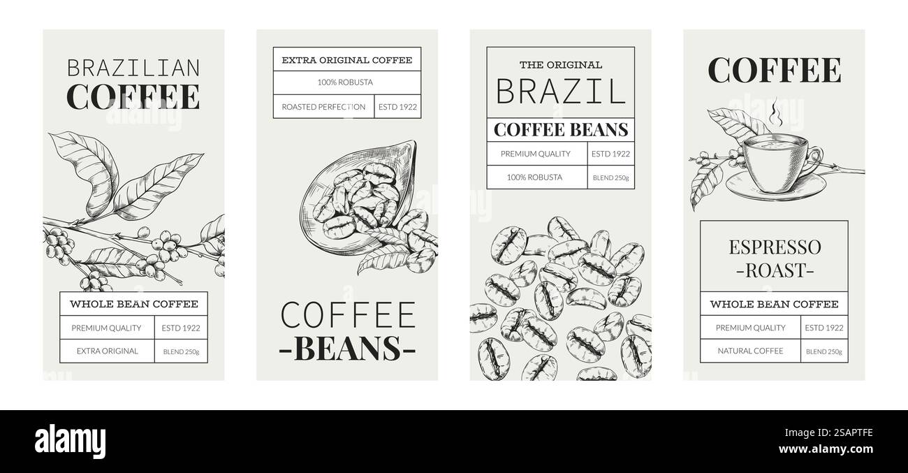 Coffee label. Arabica drink badge with hand drawn graphic of tree plant ...