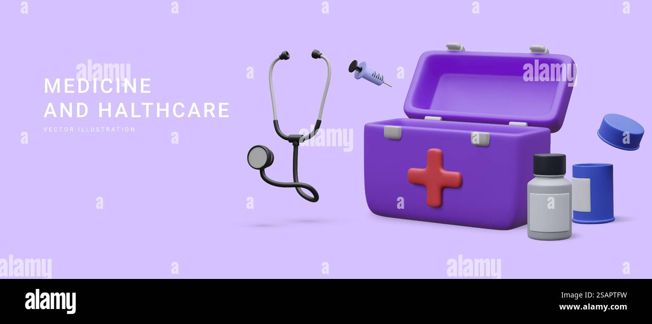 3d realistic open first aid kit with stethoscope, pill boxes and ...