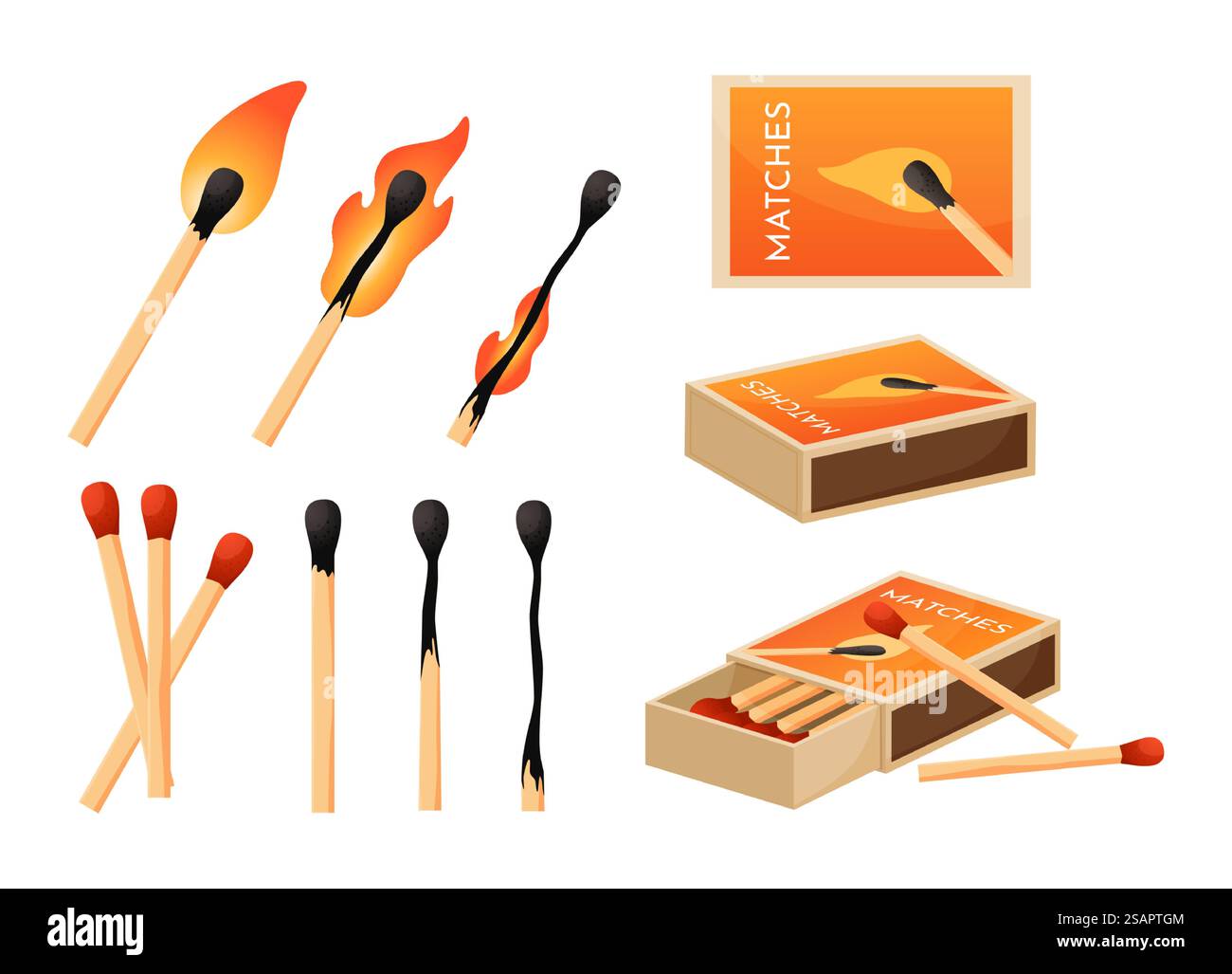 Cartoon flaming matches. Flammable wooden matchstick with burning head ...