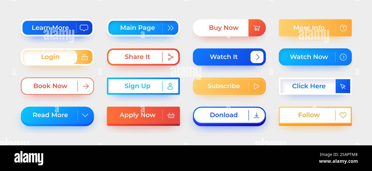 Web UI button. Call action interface elements. Watch now and follow ...