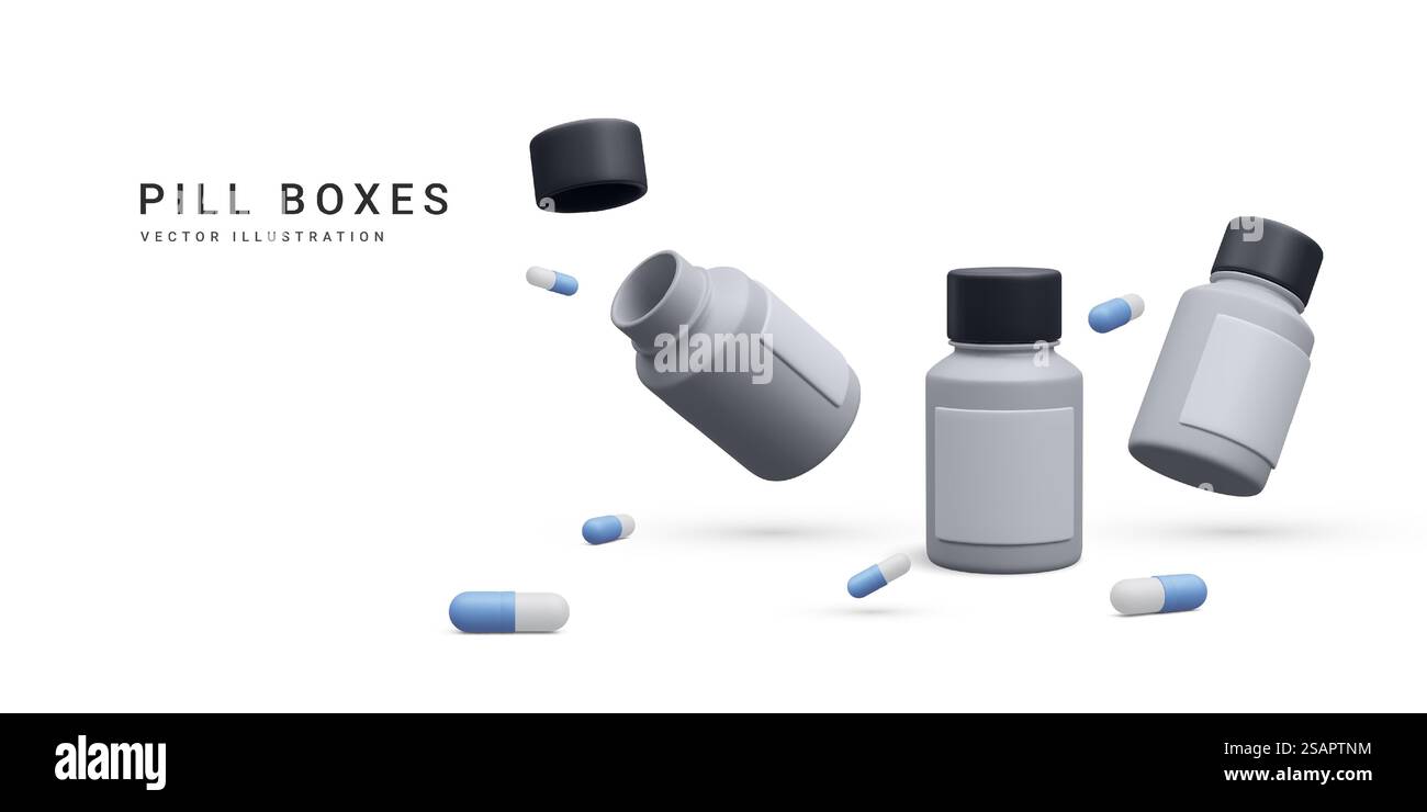 3d realistic pill bottles with flying treatment medication capsule ...