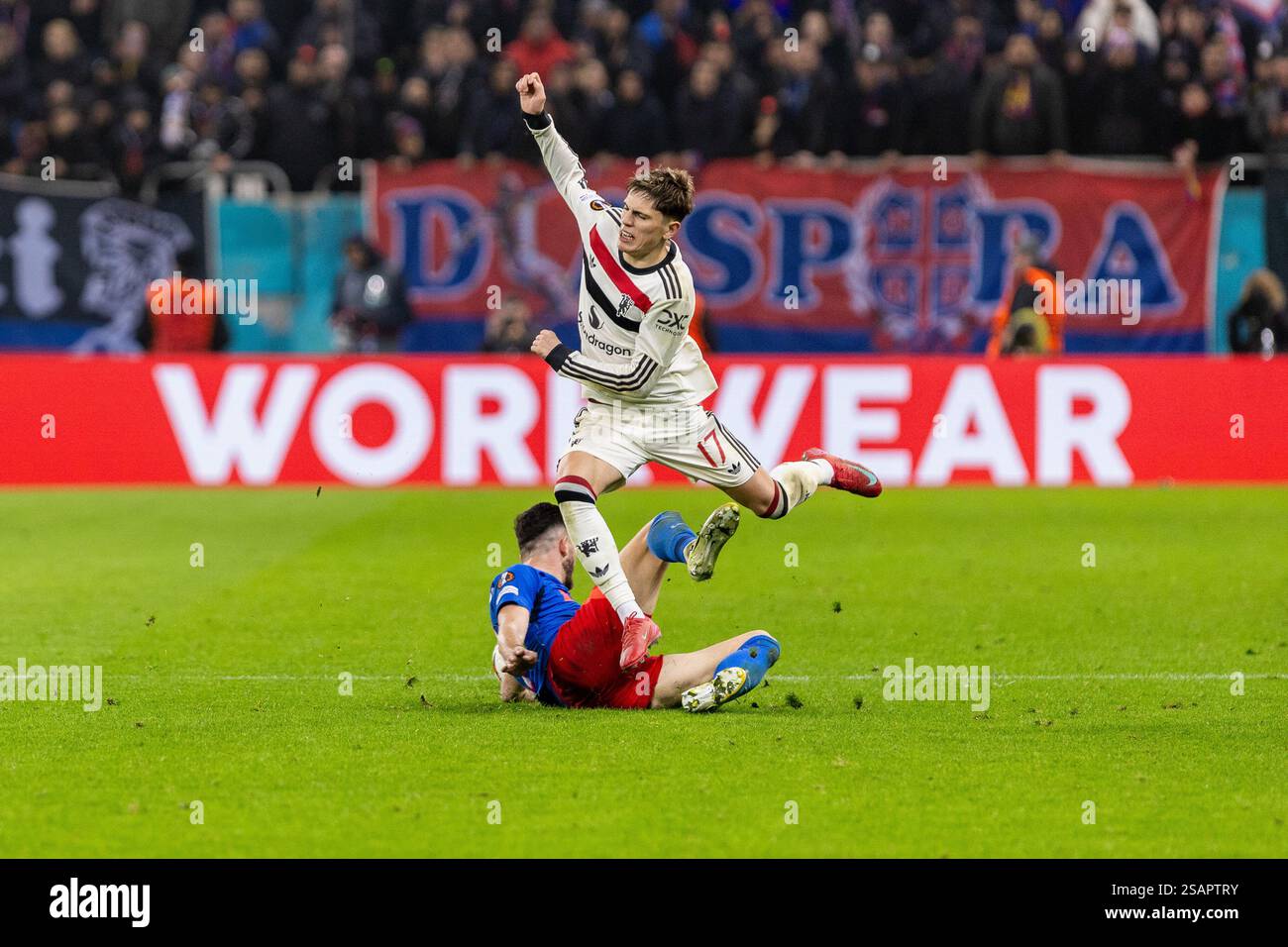 Alejandro Garnacho of Manchester United and Mihai Popescu of FCSB in ...