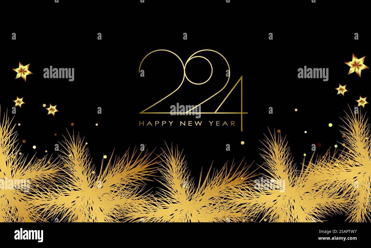 Vector illustration with fireworks and balloons on a dark background, text Happy New Year 2024 ...