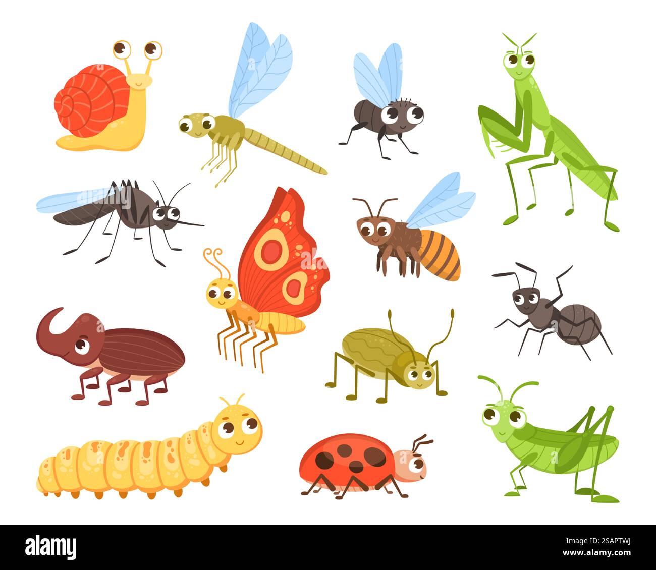 Cute insects. Cartoon bug and butterfly mascots. Flying ladybug and ...
