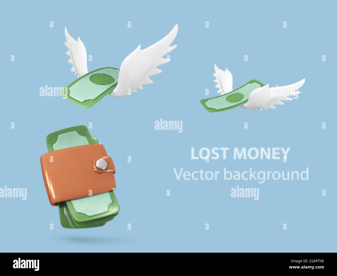 3D money wallet and dollar bills with white wings on blue background ...