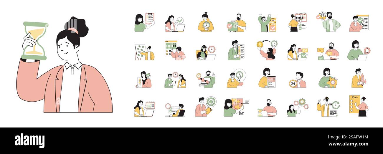 Time management concept with people situations mega set in flat web design. Bundle scenes of ...