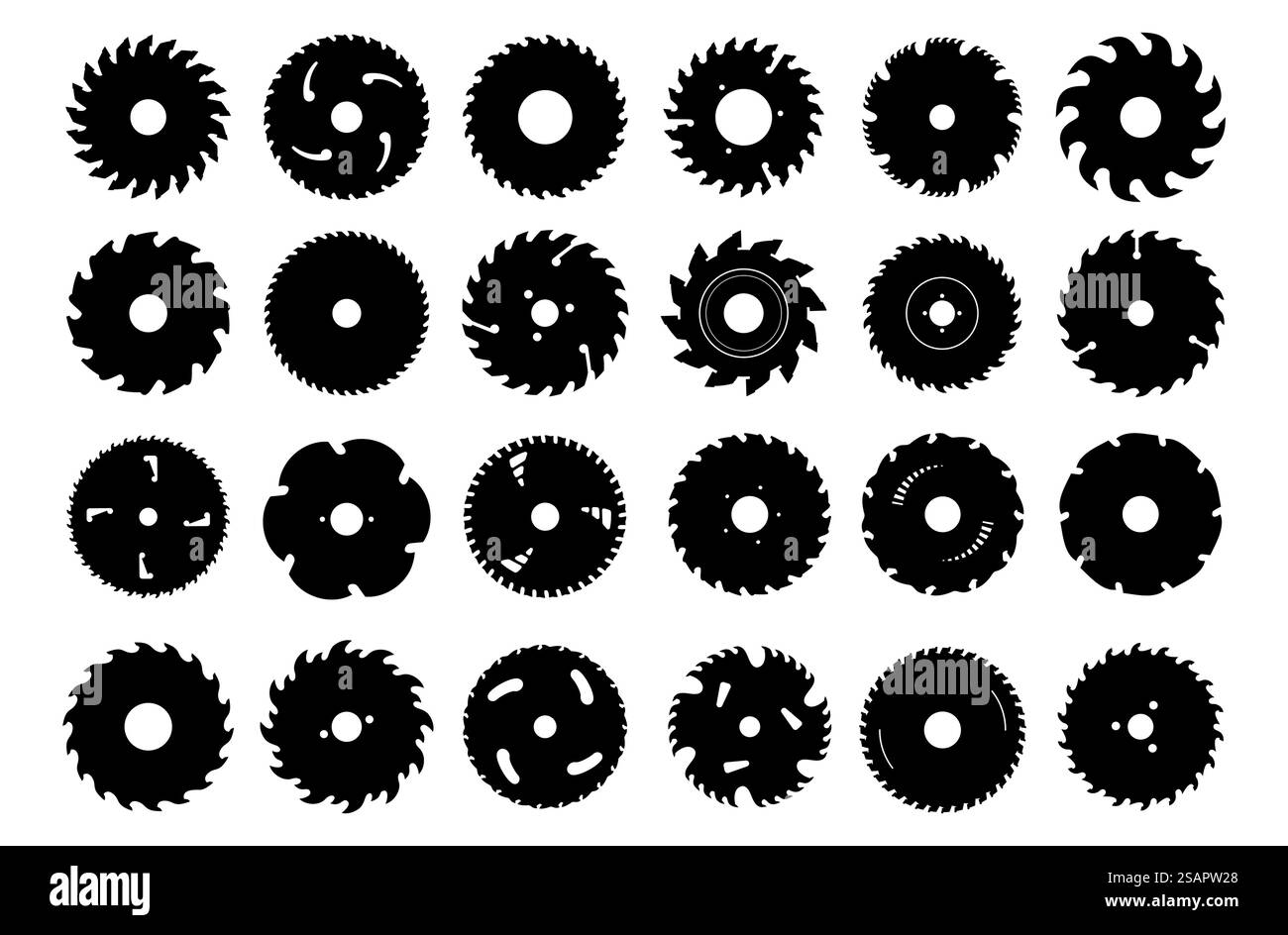 Circular saw blade icons. Silhouette of metal disc for woodwork. Round ...