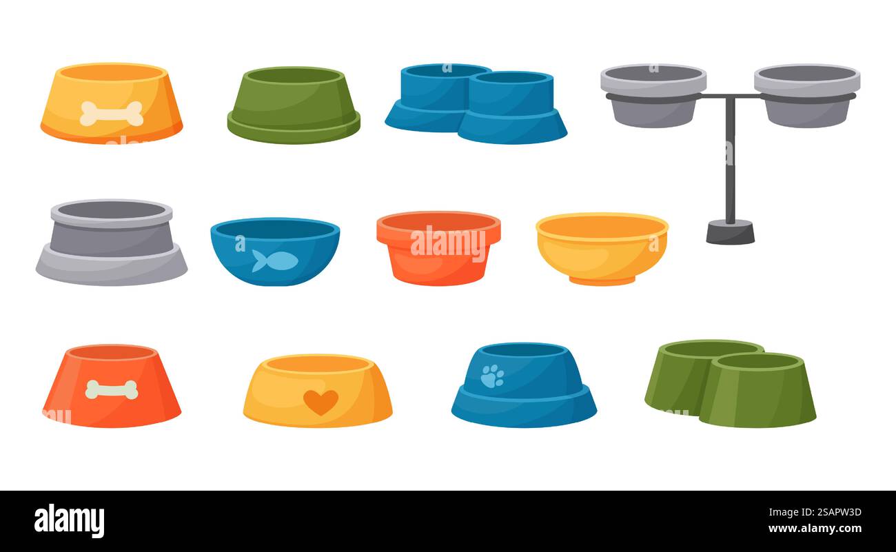 Cartoon pets bowl. Cat and dog empty containers for meal and water ...