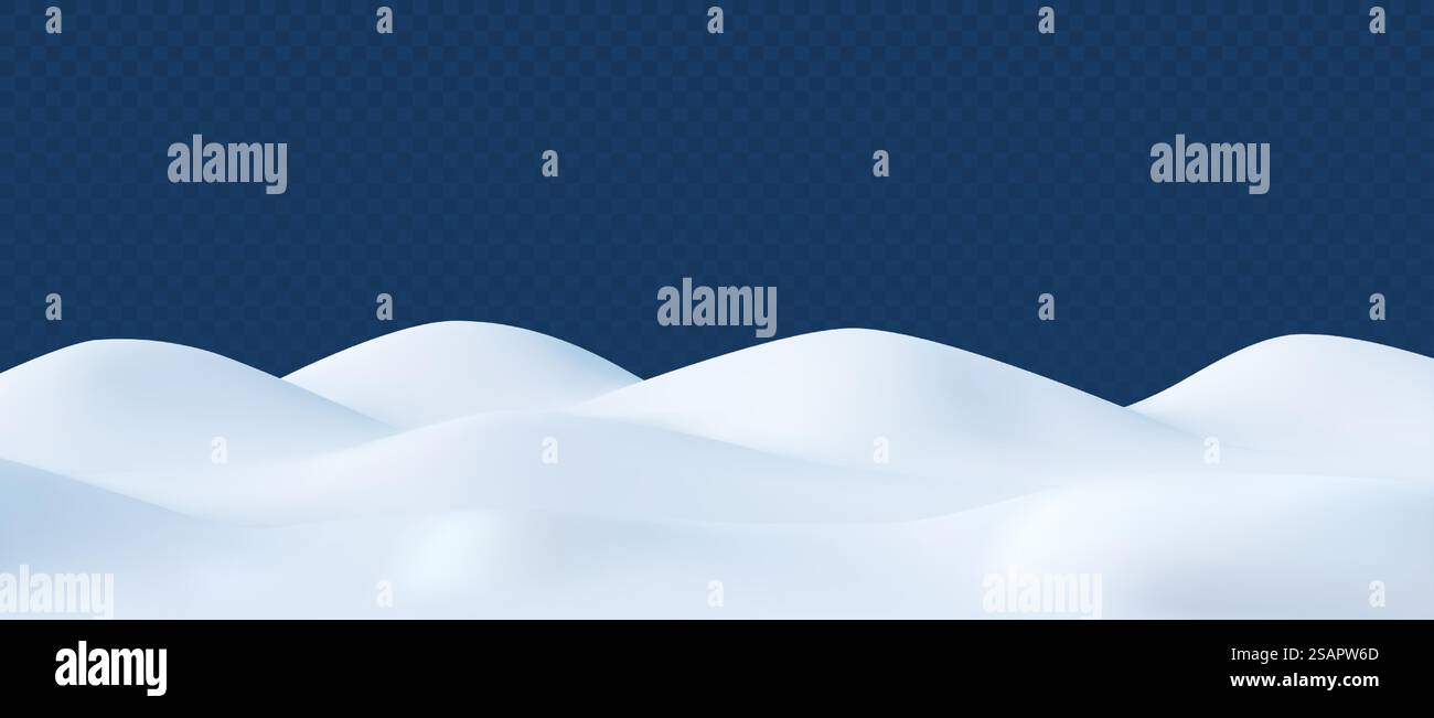 Snowy landscape isolated on dark transparent background. Snow hills ...