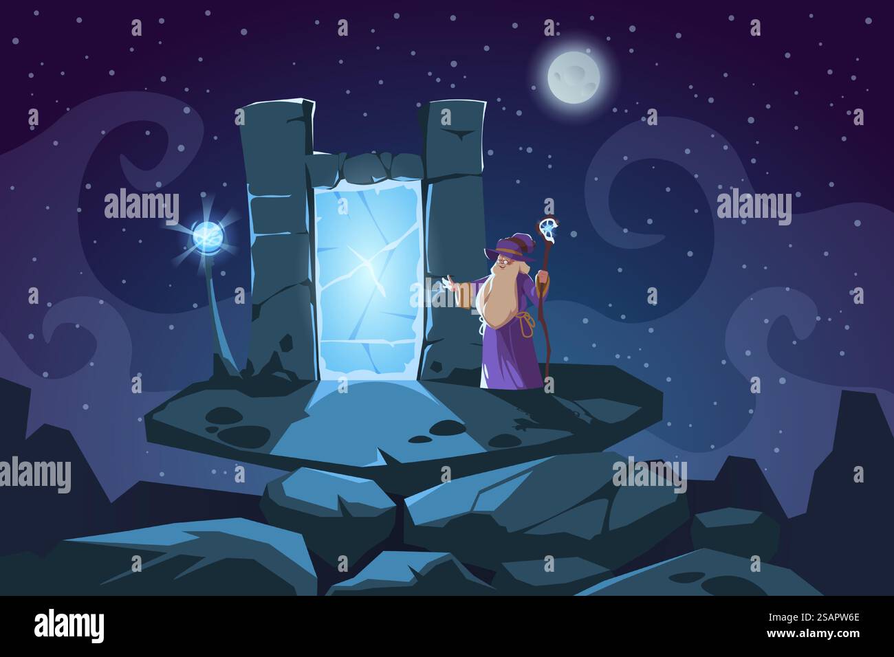 Wizard and portal scene. Cartoon fantasy background with magician and ...
