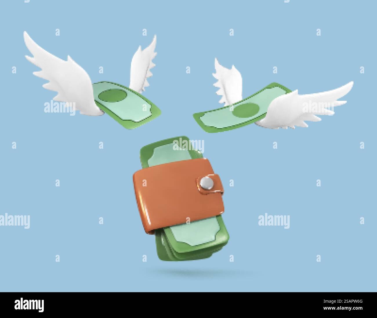 3D money wallet and dollar bills with white wings on blue background ...