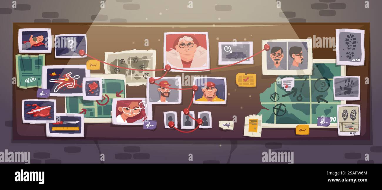 Cartoon detective board. Police cork pinboard with evidence victim ...