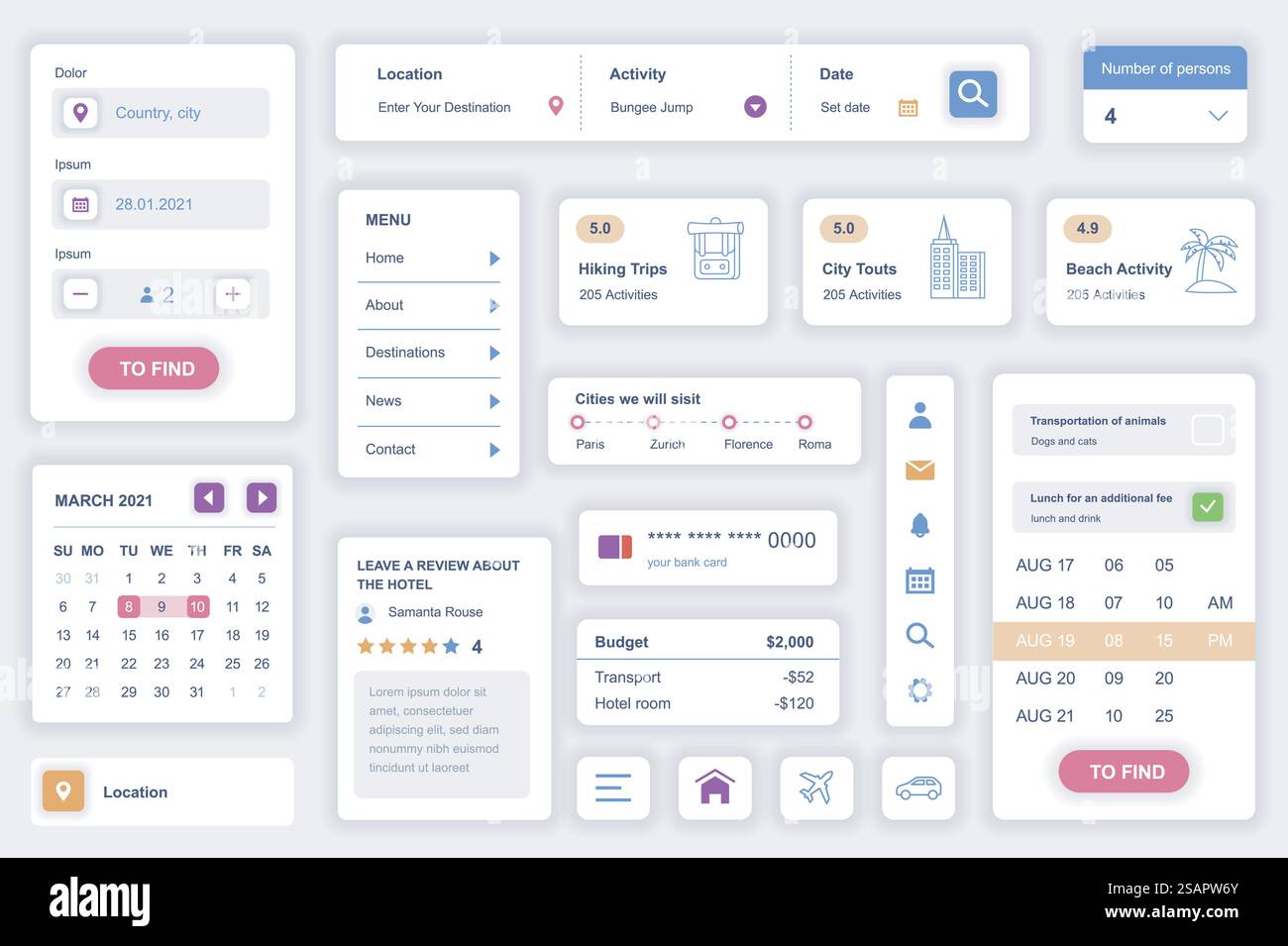 User interface elements set for travel agency mobile app. Kit template ...