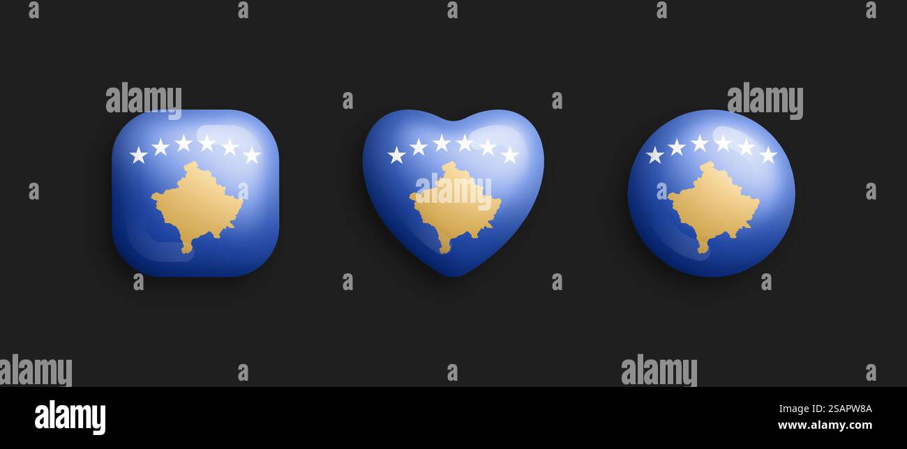 Kosovo Official National Flag 3D Vector Glossy Icons In Rounded Square ...
