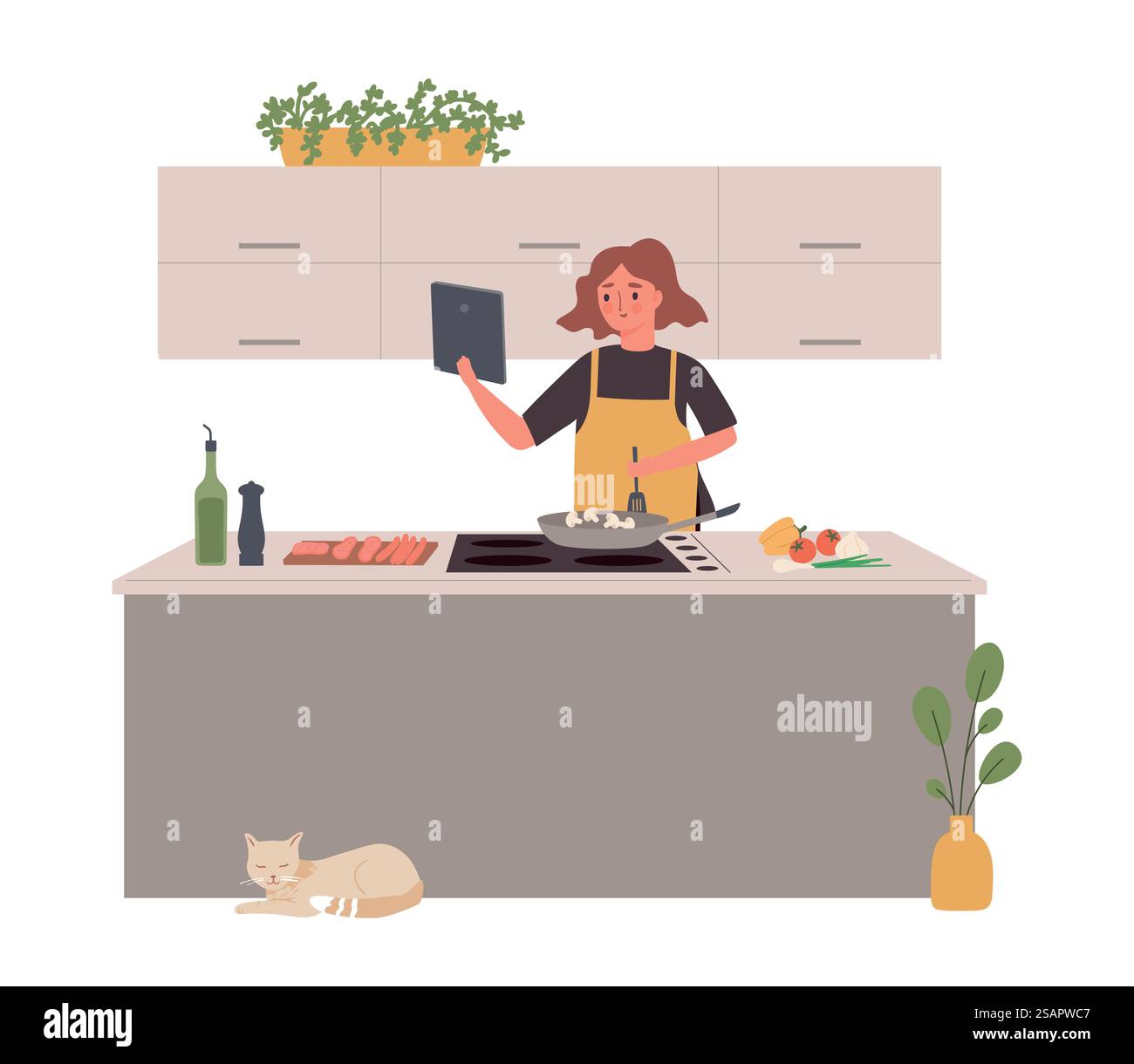 Cooking blogger. Cartoon person prepare food and streaming, trendy ...