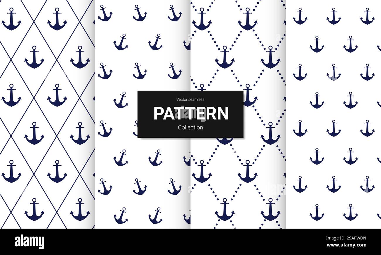 Set of blue anchor seamless patterns on white background. Vector ...