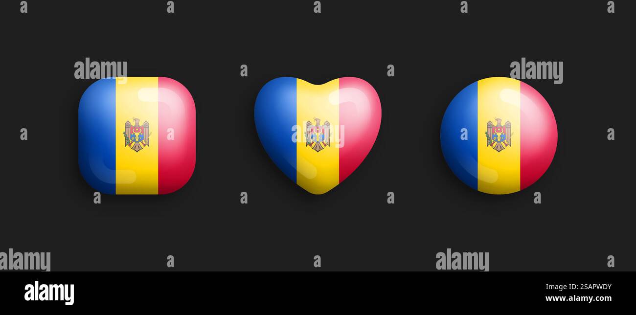 Moldova Official National Flag 3D Vector Glossy Icons In Rounded Square ...