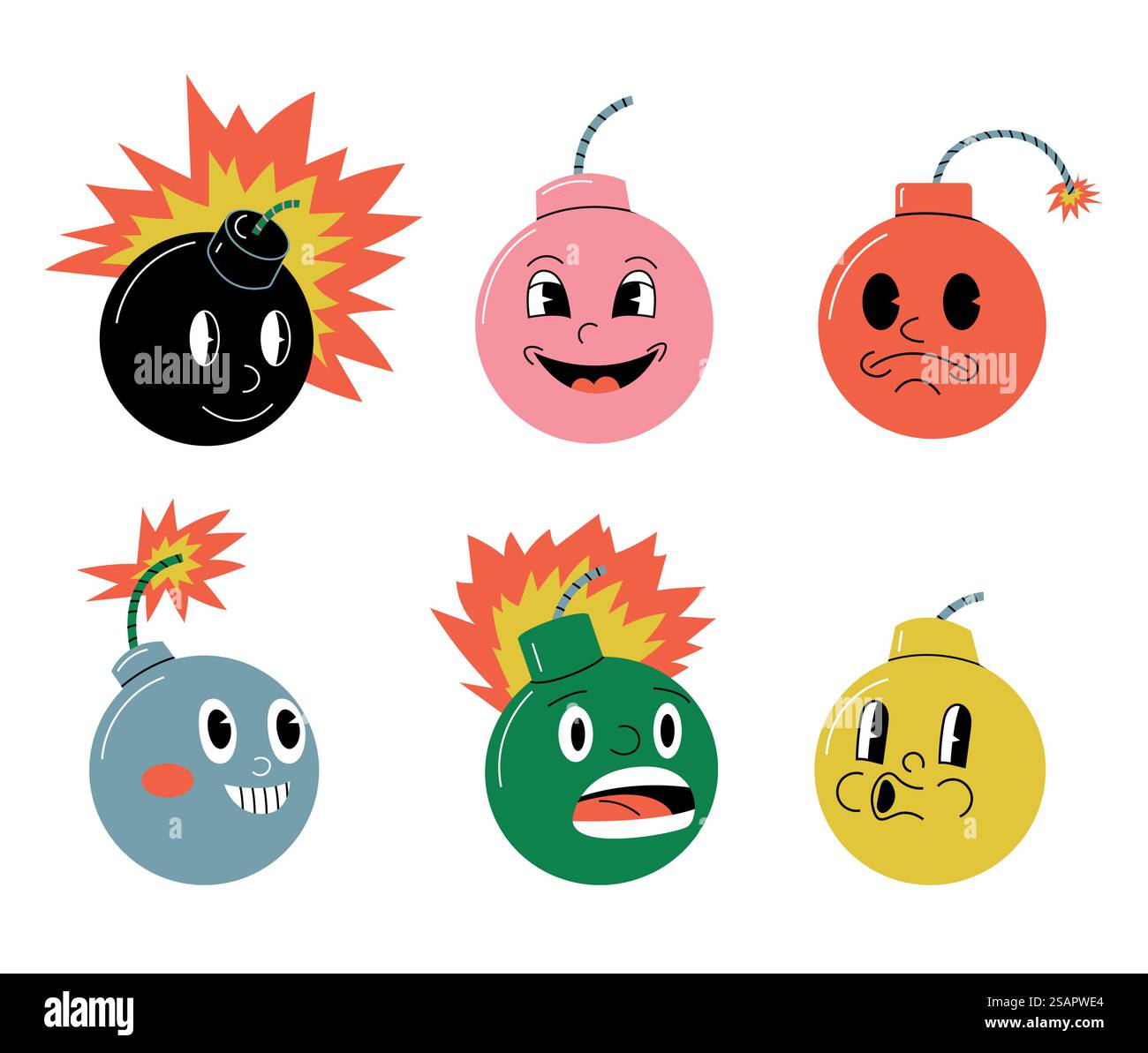 Bomb character. Doodle explosive round weapon mascot with funny retro ...