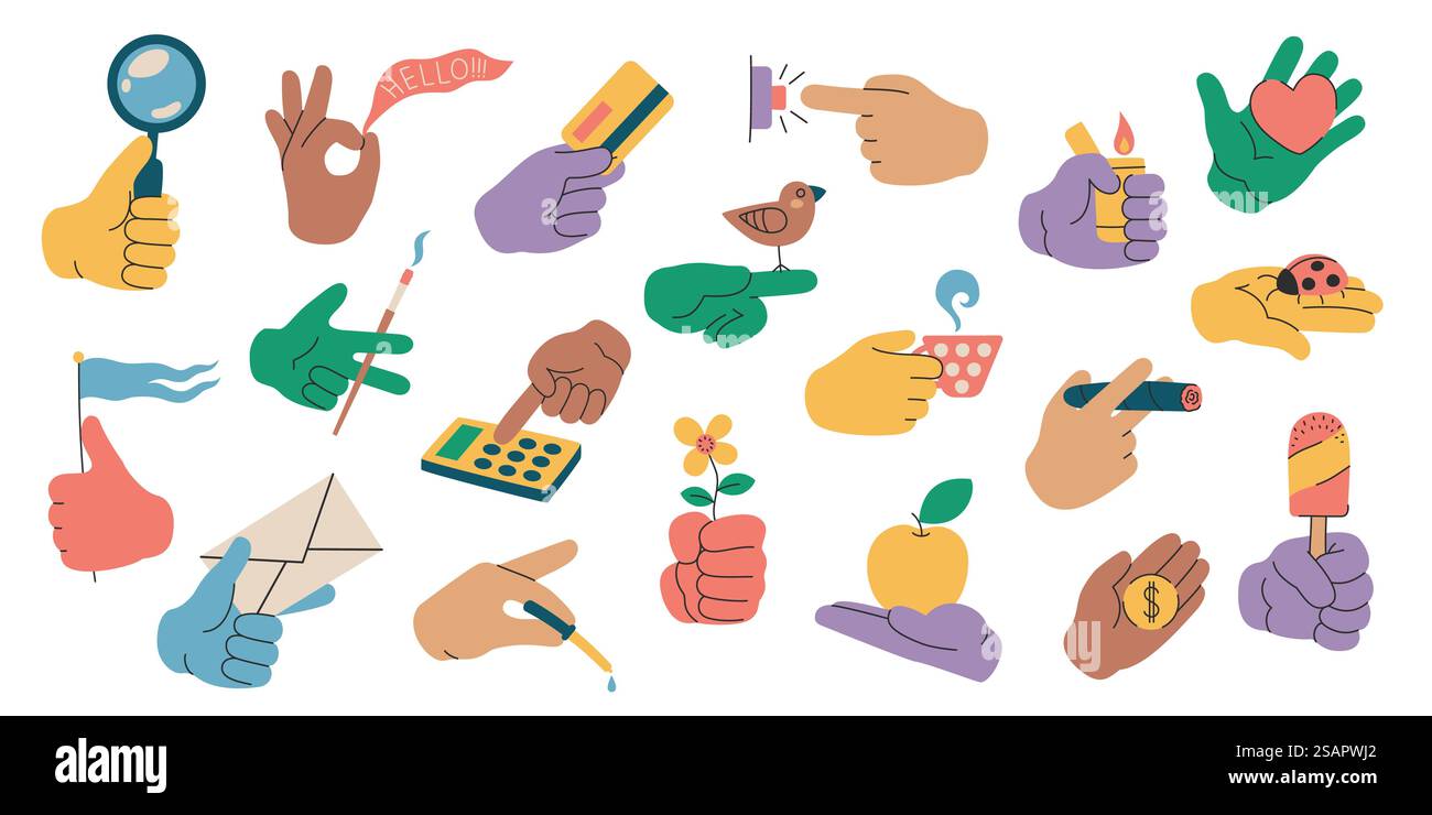 Hands holding objects. Human arm with various stuff, cartoon hand ...