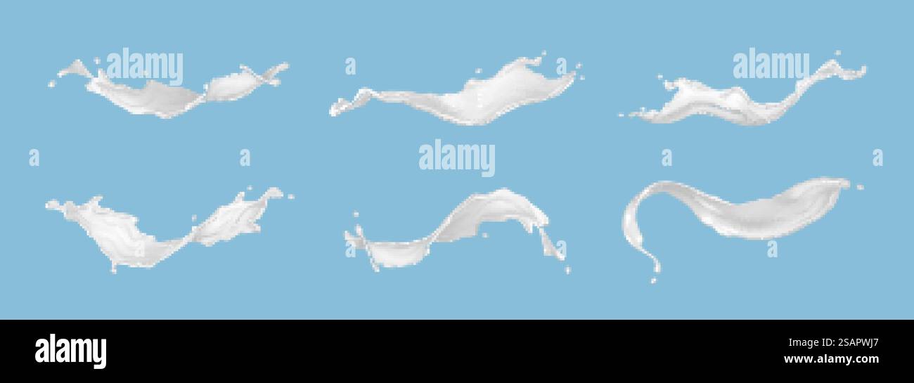 Set of realistic milk splashes of various shape with drops isolated on ...