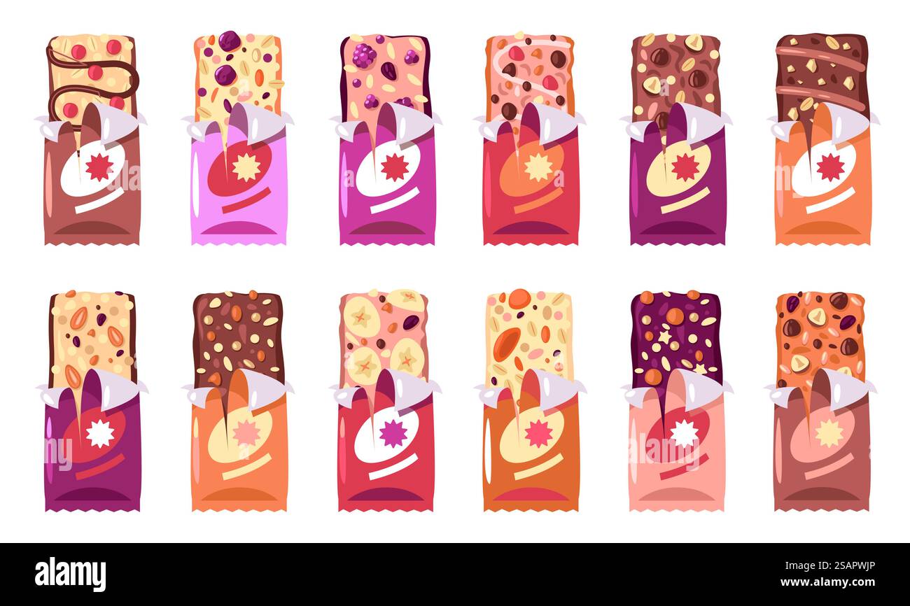 Granola bars packaging. Nutrition bars with icons, dried fruit and nuts ...