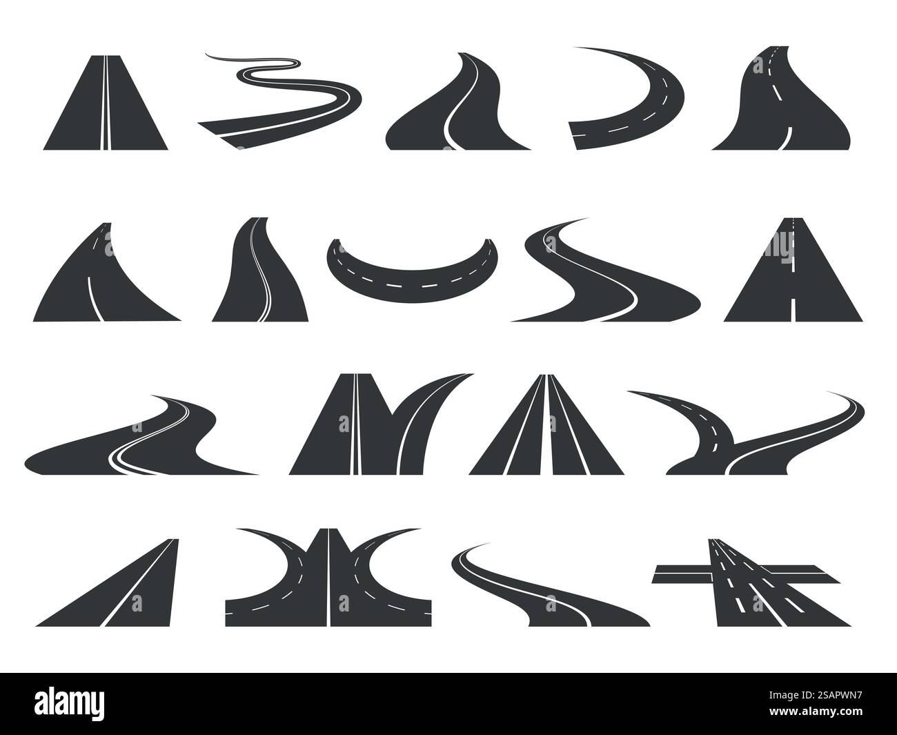 Curvy road elements. Perspective highway windings, winding road and ...