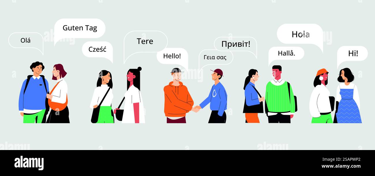 People multilingual greeting. Man woman characters speak different ...