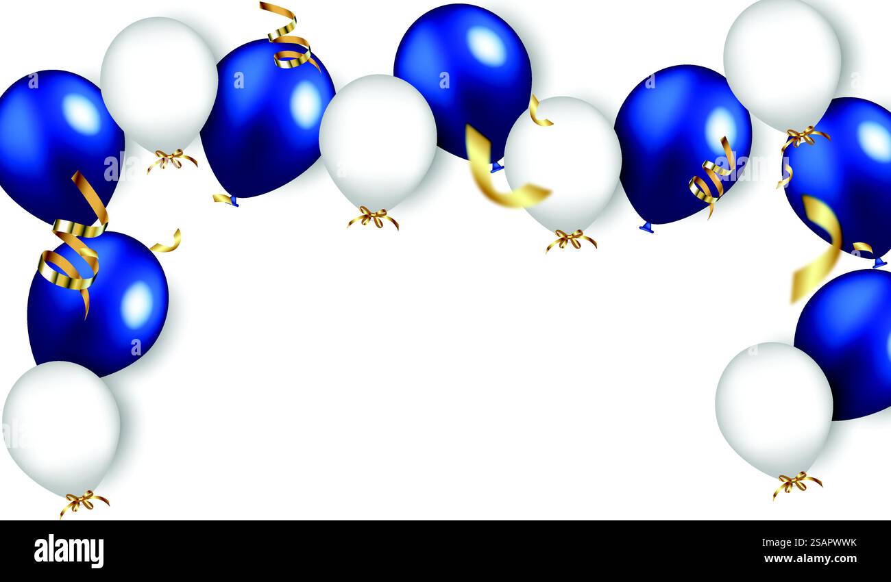 Blue and white balloons flying up, realistic vector illustration. Blue ...