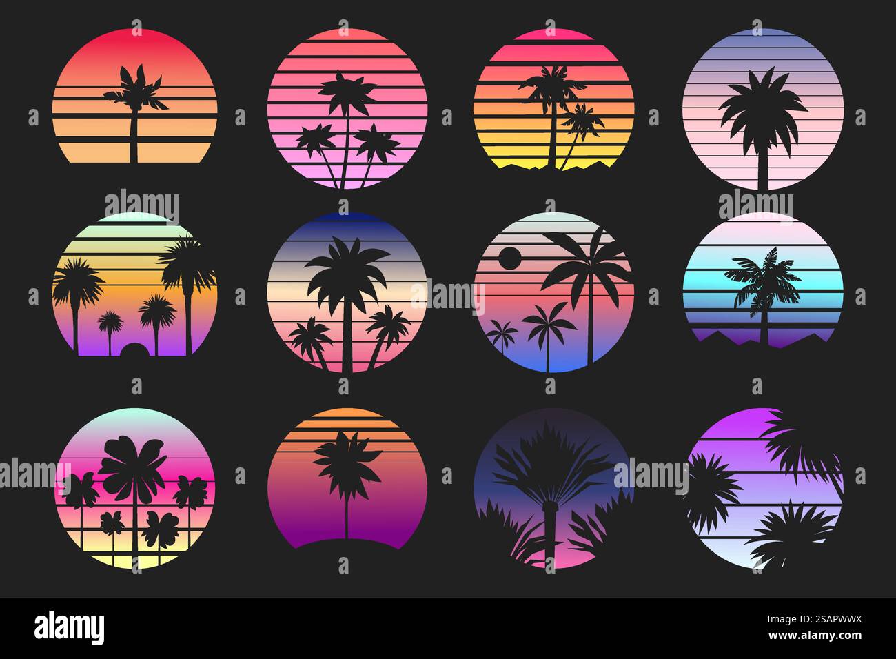 Retro palm sunset labels. Exotic tropical island landscape with striped ...