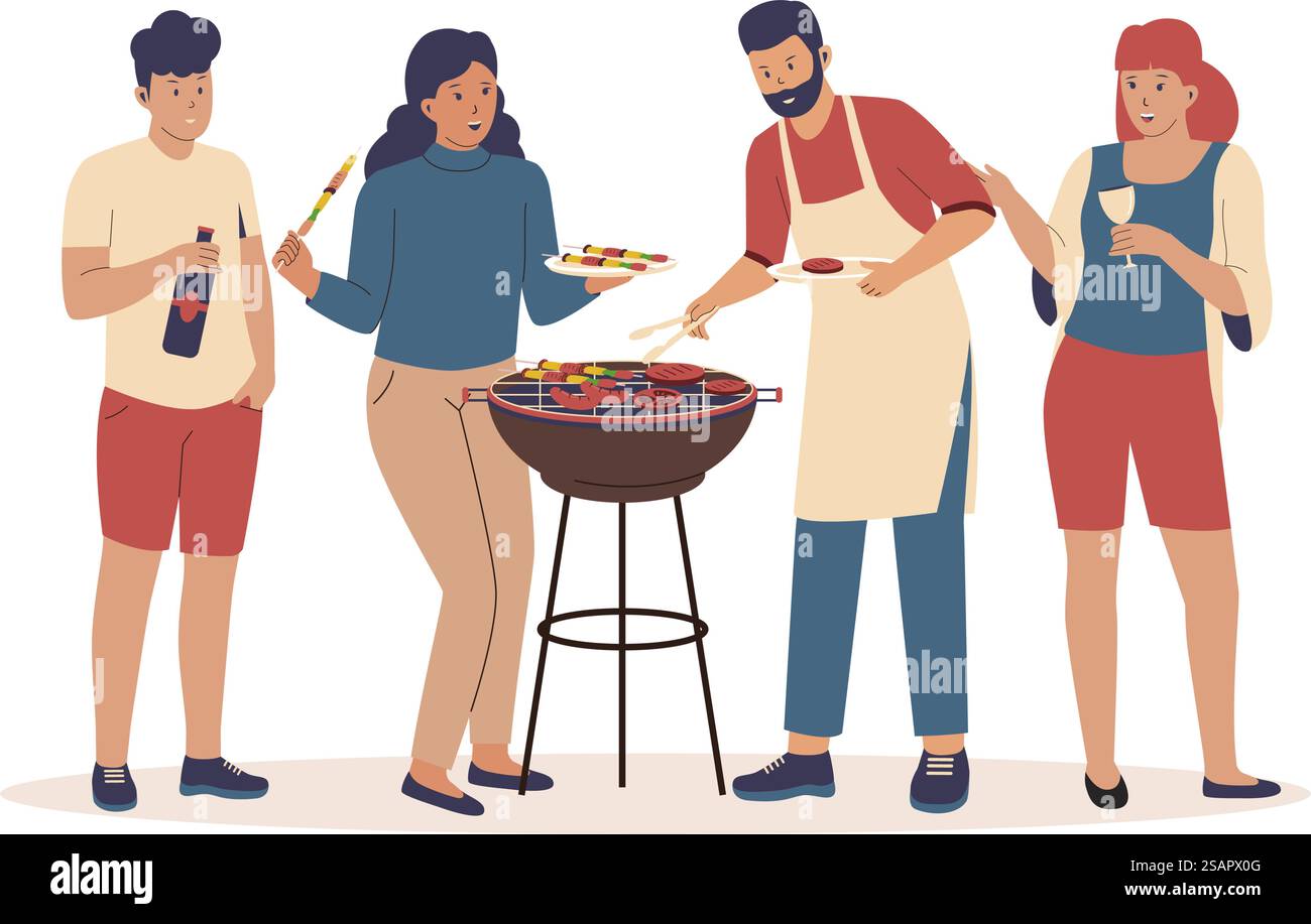 People friends at bbq party outdoors. People make and eat grill food ...