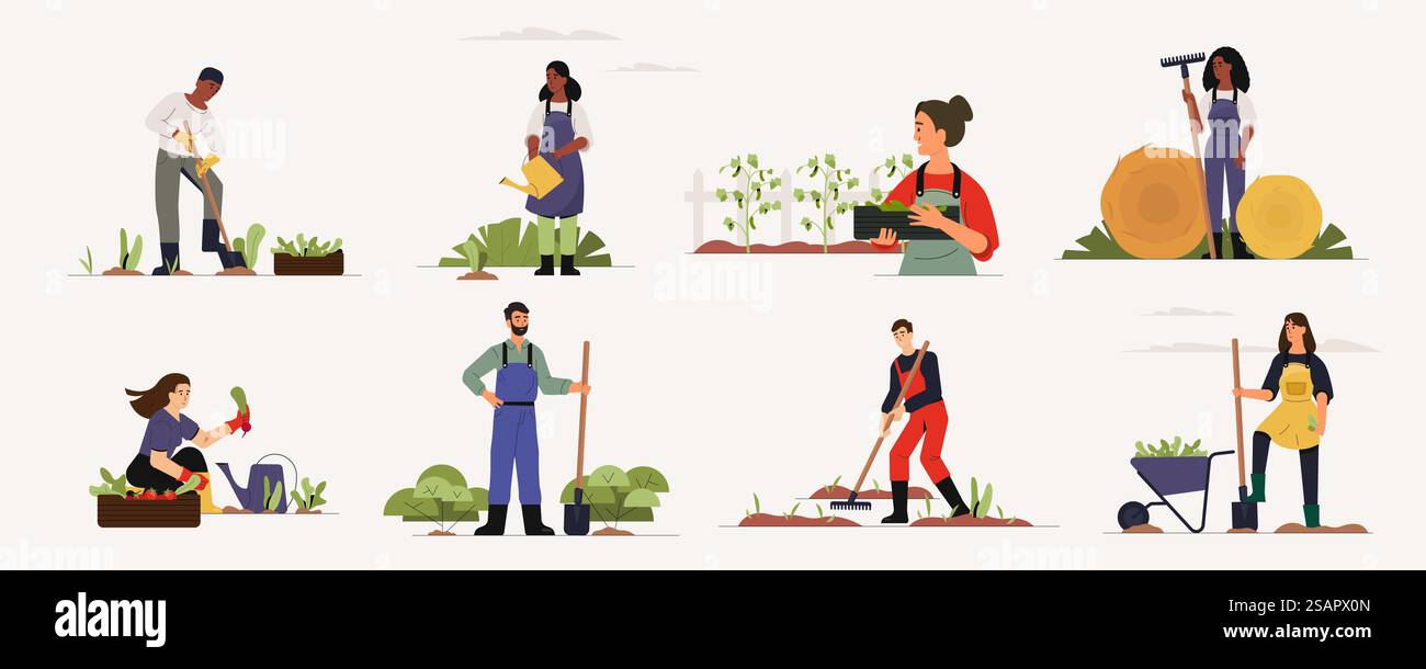Farm workers. Cartoon persons working in country field crops and plant ...