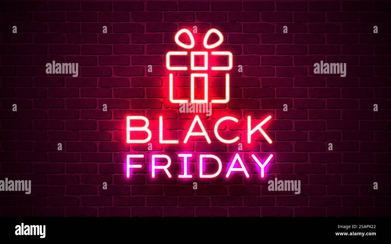 Premium black friday promo banner. Neon sign on a black brick wall ...