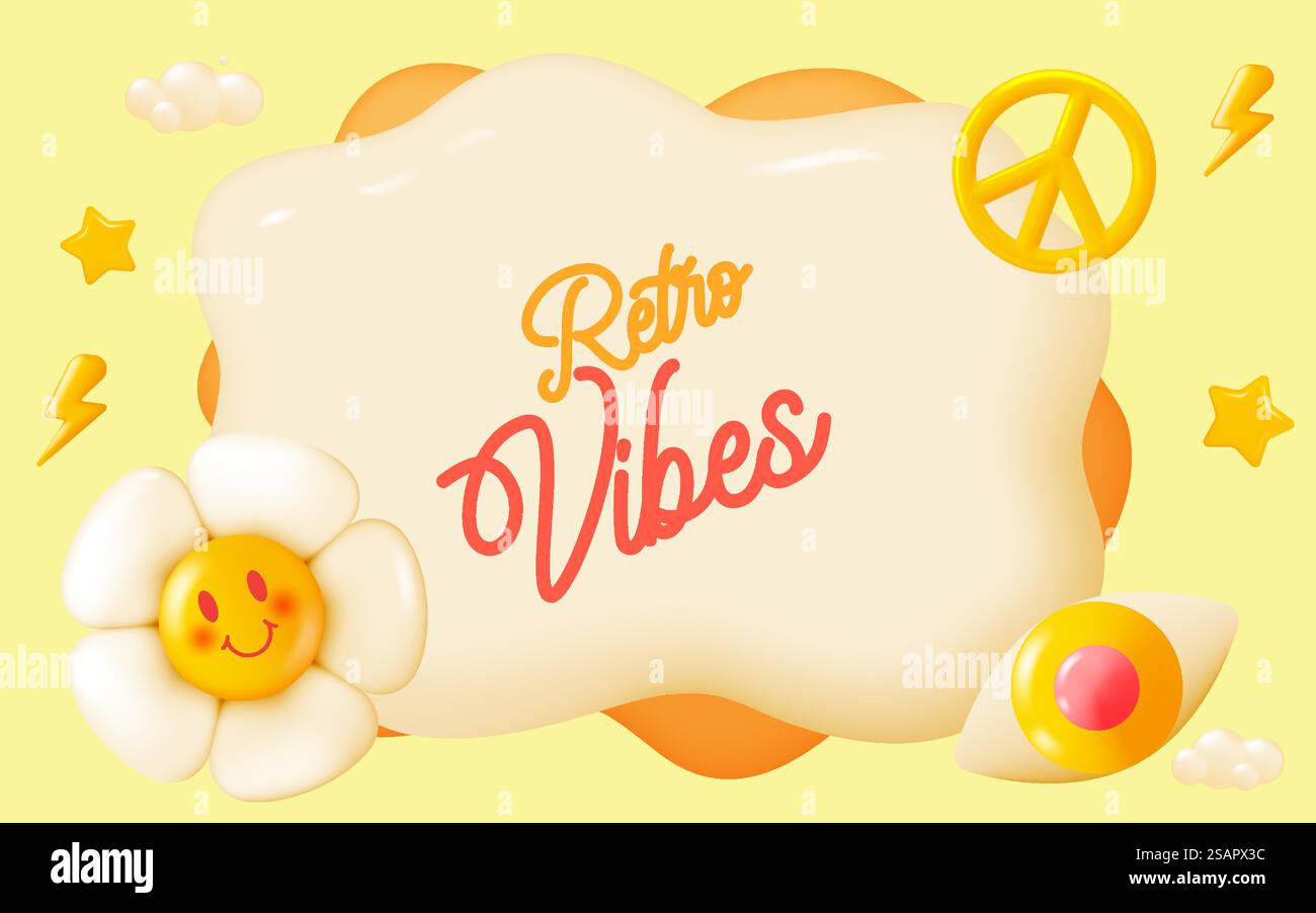 70s retro vibes icons with retro color scheme 3d realistic vector ...