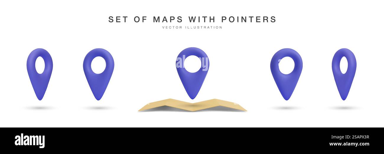Realistic 3d map with set of blue pointer in different views isolated on white background ...