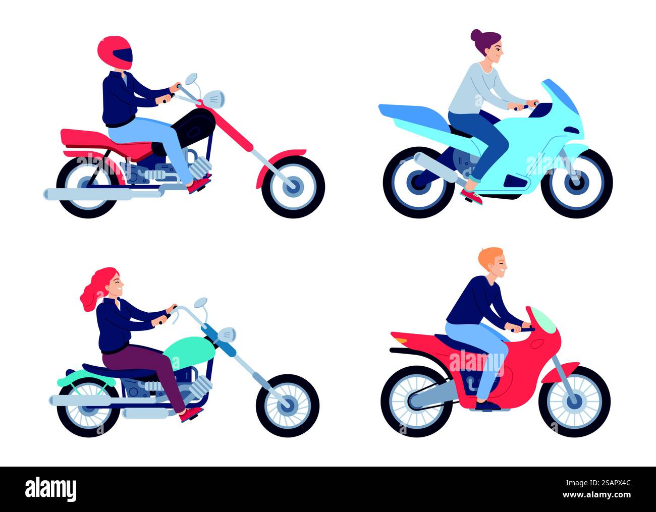 Motorcycle riders. People in helmet on scooter and motorcycle. Female ...