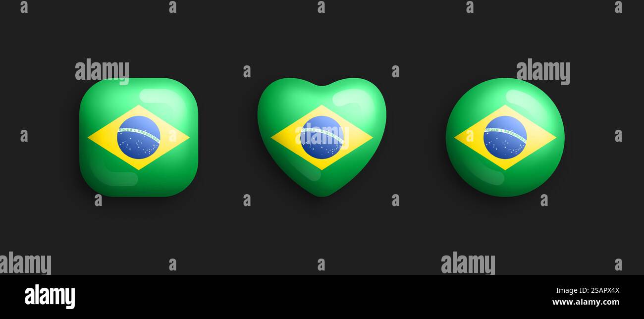Brazil Official National Flag 3D Vector Glossy Icons In Rounded Square ...