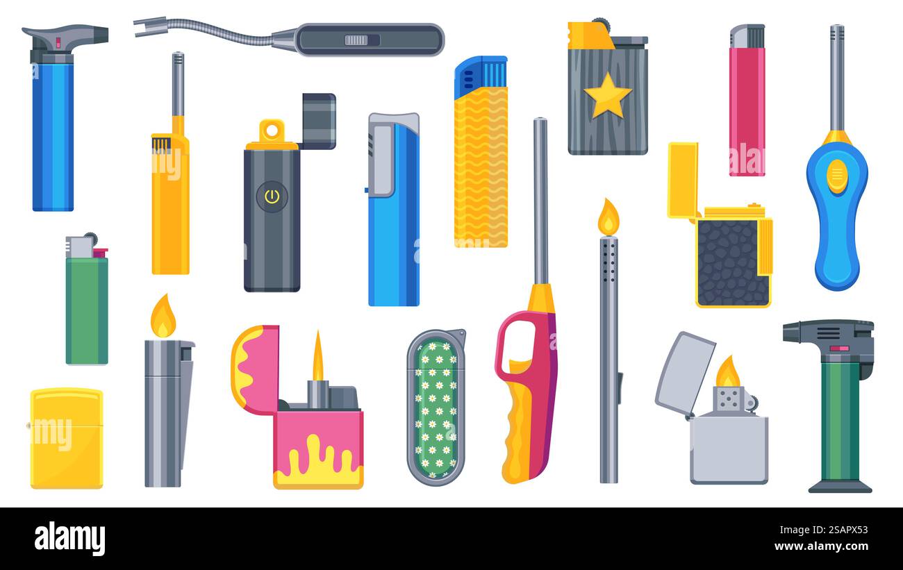 Lighters set. Cartoon disposable and reusable lighters icons, flammable ...