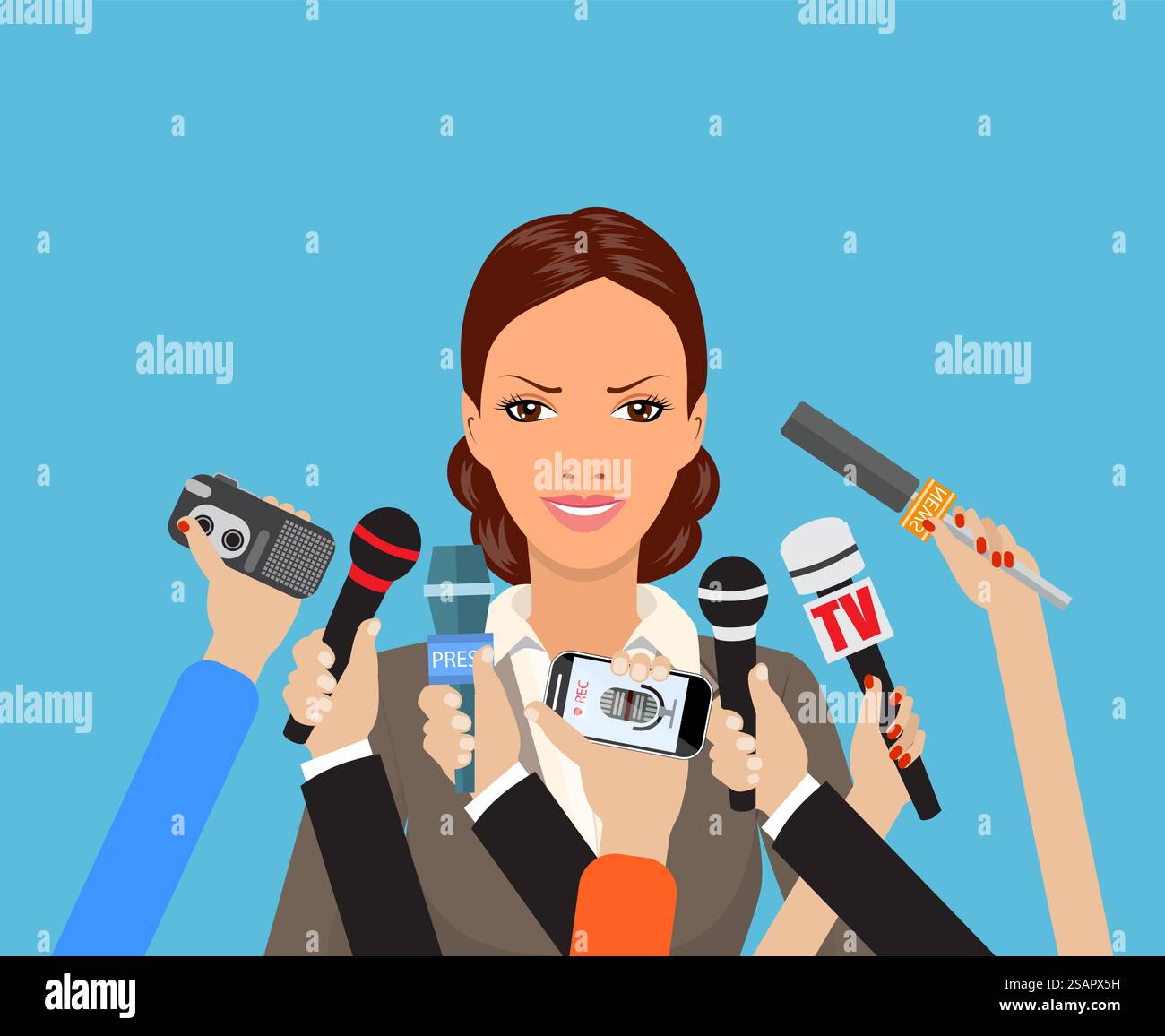 Business woman giving an interview in the presence of journalists with microphones. vector ...