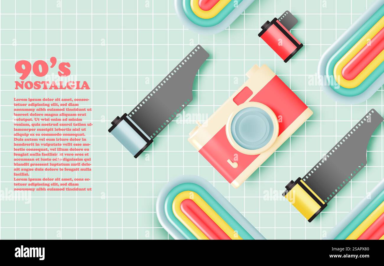 Camera and film with 90’s nostalgia concept theme bannner or vector ...