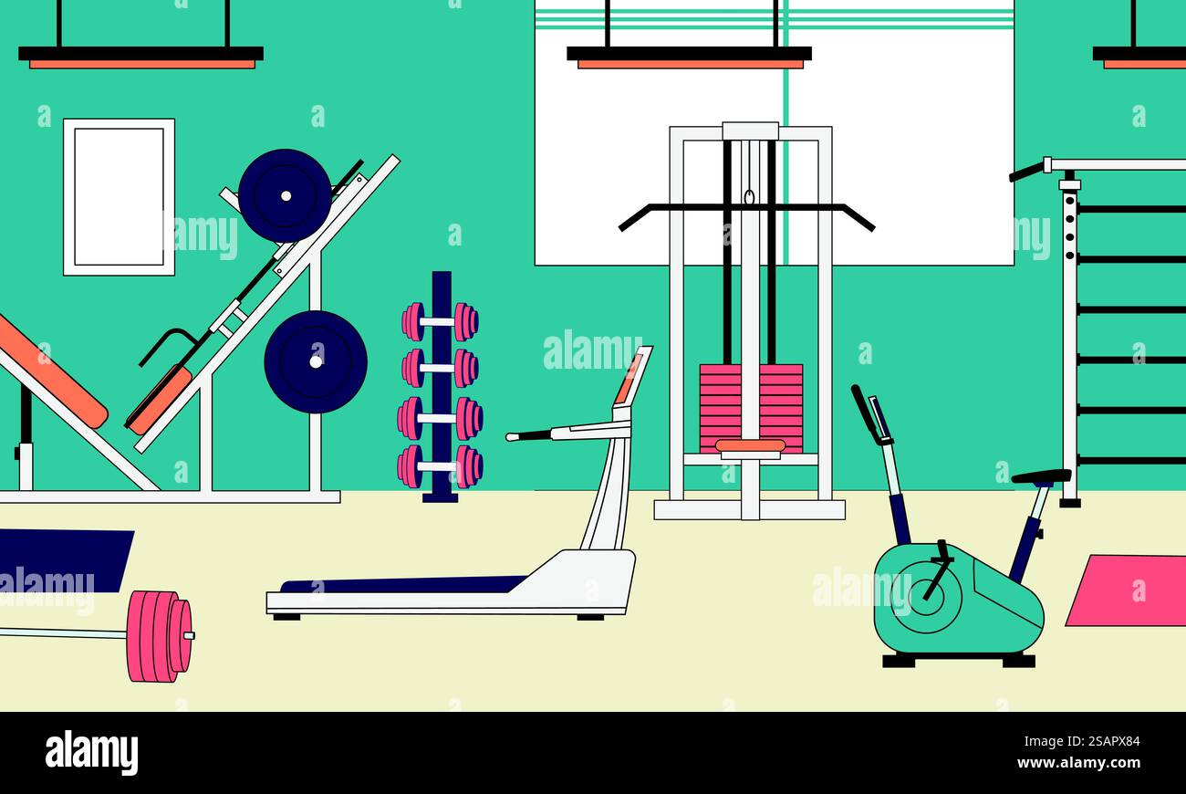 Gym interior with equipment. Cartoon fitness center with fitness ...
