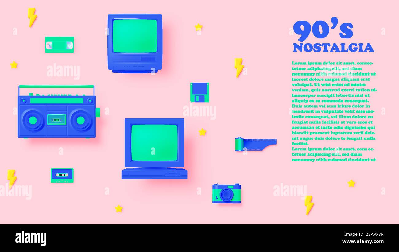 Boom box ,TV, film camera and Desktop PC in mood of 90’s nostalgia ...