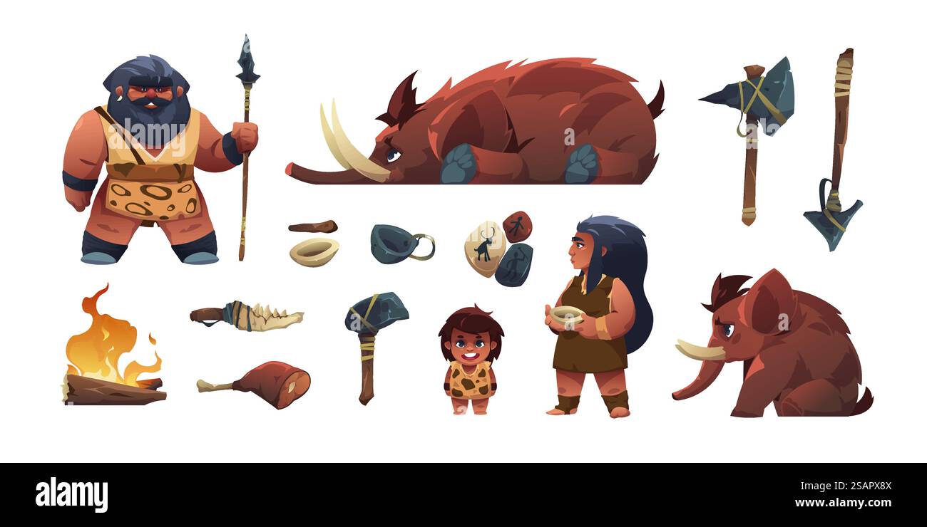 Primitive people. Ancient prehistoric hunters with weapons and tools ...